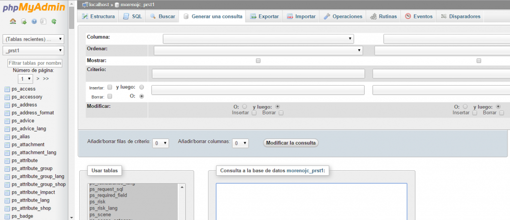 Figura 10.10. Interfaz phpMyAdmin. Herramienta de creación de consultas | MyFPschool